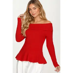 KNIT & LOUNGE Off-shoulder Ribbed Knit Top