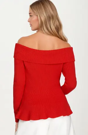 KNIT & LOUNGE Off-shoulder Ribbed Knit Top