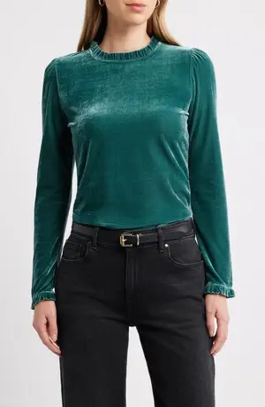 Caslon Velour Ruffle Neck Top - Green Ponderosa