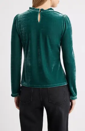 Caslon Velour Ruffle Neck Top - Green Ponderosa
