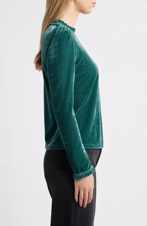 Caslon Velour Ruffle Neck Top - Green Ponderosa