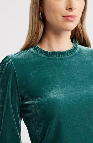 Caslon Velour Ruffle Neck Top - Green Ponderosa
