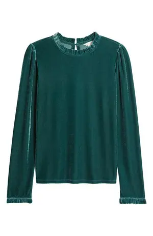Caslon Velour Ruffle Neck Top - Green Ponderosa