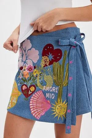 DENIM AND BONE Amore Mio Embroidered Wrap Denim Mini Skirt