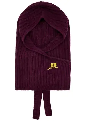 GANNI Logo-Embroidered Wool-Blend Balaclava Burgundy