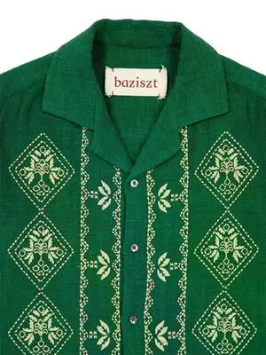 BAZISZT Mexican Button-down Embroidered Shirt - Green