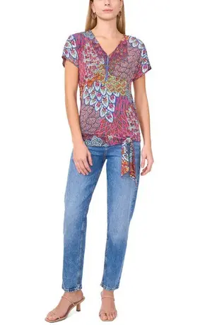 Chaus Peacock Print Zip Front Top