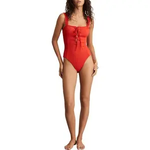 REISS Fabienne Lace-up Rib One-piece Swimsuit - Orange