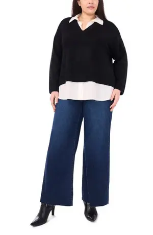Halogen Layered Look Sweater With Attached Woven Collar And Hem
