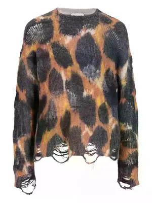 LANEUS Leopard-print Frayed Sweater - Black