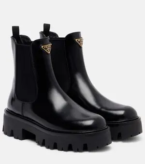 Prada Logo Leather Platform Chelsea Boots - Black
