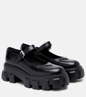 Prada Monolith Leather Mary Jane Flats - Black