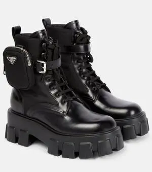 Prada Monolith Leather Ankle Boots - Black