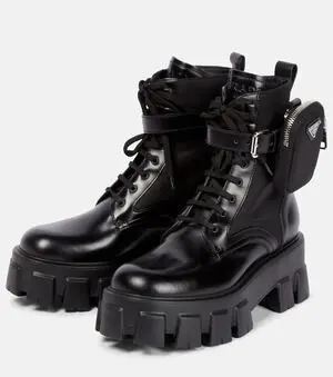 Prada Monolith Leather Ankle Boots - Black