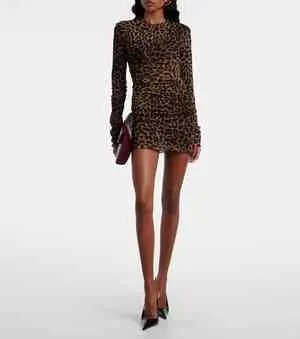 Saint Laurent Leopard-print Ruched Tulle Minidress