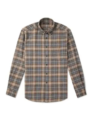 SLOWEAR Button-down Collar Checked Cotton-flannel Shirt - Blue