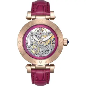 EMPRESS Theodora Automatic Skeleton Leather-band Watch - Red