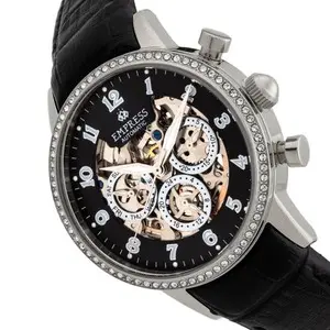 EMPRESS Beatrice Automatic Skeleton Dial Leather-band Watch With Day & Date - Black