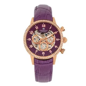 EMPRESS Beatrice Automatic Skeleton Dial Leather-band Watch With Day & Date - Purple