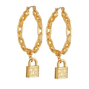 True Religion Chain Hoop Earrings With Padlock Charm - Goldtone