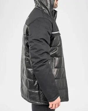 MACEOO Leather Hybrid Hooded Bomber Jacket - Black
