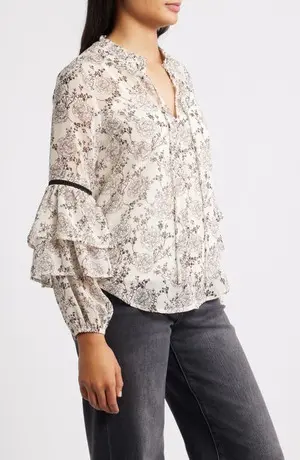 Bobeau Floral Tiered Ruffle Sleeve Top