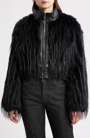 BOSS Faux Leather And Faux Fur Cropped Jacket