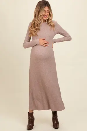PINKBLUSH Ribbed Knit Side Slit Midi Dress - Mocha