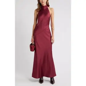 OPEN EDIT Sleeveless Satin Halter Maxi Dress - Burgundy Beet