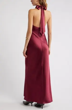 OPEN EDIT Sleeveless Satin Halter Maxi Dress - Burgundy Beet