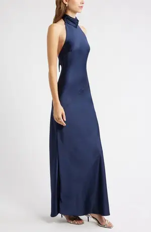 OPEN EDIT Sleeveless Satin Halter Maxi Dress - Navy Iris