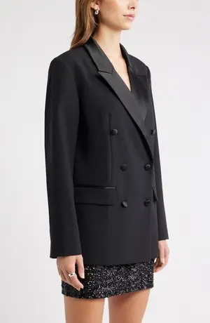 OPEN EDIT Double Breasted Blazer With Satin Trim
