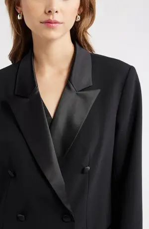 OPEN EDIT Double Breasted Blazer With Satin Trim