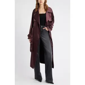 OPEN EDIT Belted Satin Trench Jacket - Burgundy Fudge