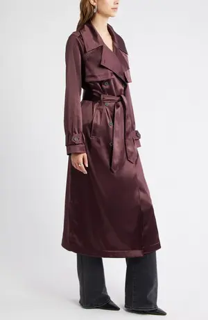OPEN EDIT Belted Satin Trench Jacket - Burgundy Fudge
