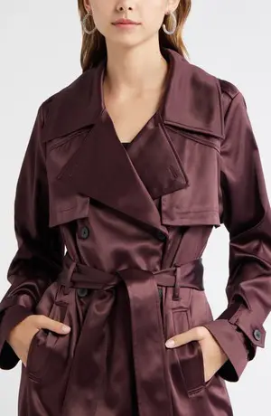 OPEN EDIT Belted Satin Trench Jacket - Burgundy Fudge