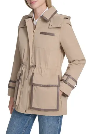 Cole Haan Hooded Water Resistant Insulated Raincoat - Sand