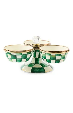 MACKENZIE-CHILDS Check Enameled Steel Triplicity Bowls & Stand Set - Emerald