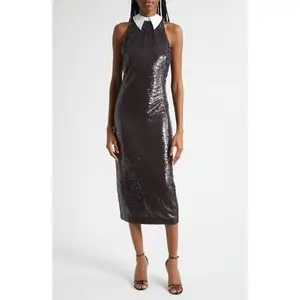 L'AGENCE Sequin Sleeveless Midi Dress With Poplin Collar