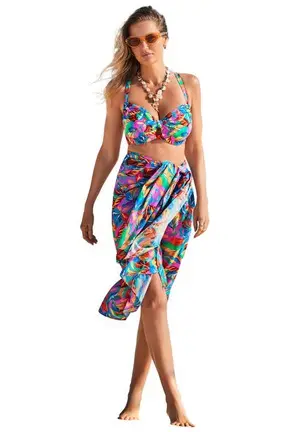 SWIMSUITS FOR ALL Lightweight Adjustable Sarong Wrap Skirt Cover Up - Royal Tropical Oasis