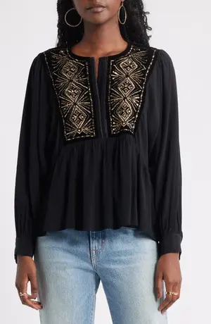 Treasure & Bond Metallic Embroidered Split Neck Top