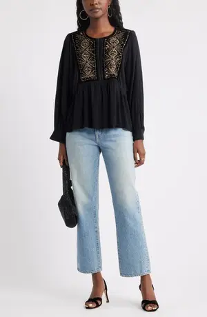 Treasure & Bond Metallic Embroidered Split Neck Top