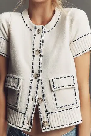 Design History Short-sleeve Stitched Cardigan Sweater - Ivory