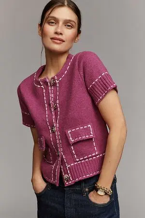Design History Short-sleeve Stitched Cardigan Sweater - Twilight Magenta / White
