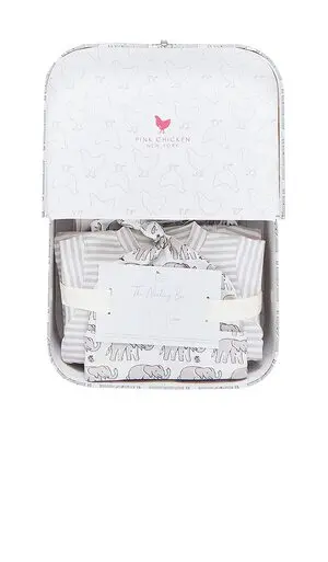 Pink Chicken Nesting Box Baby Take Home Set - Elephant Block Print