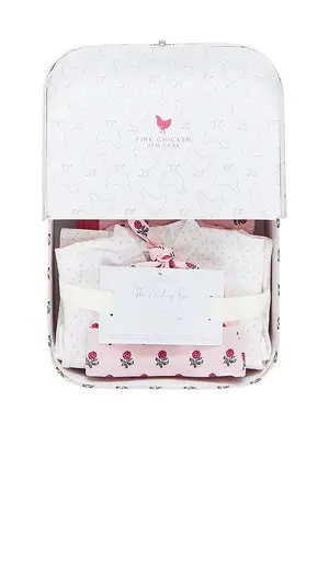 Pink Chicken Nesting Box Baby Take Home Set - Light Pink Tiny Flower Block Print