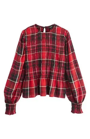 NEXT Plaid Smocked Peplum Top