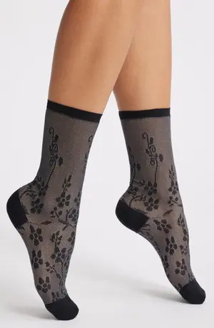Nordstrom Floral Fishnet Crew Socks - Black