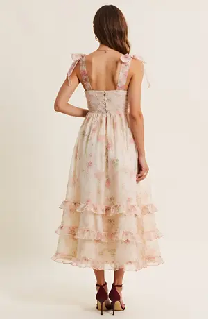 MODENAIRE Tie-shoulder Ruched Bodice Tiered Midi Dress