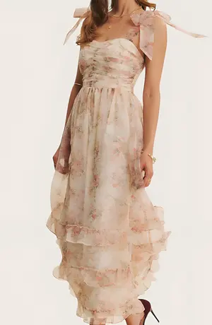MODENAIRE Tie-shoulder Ruched Bodice Tiered Midi Dress